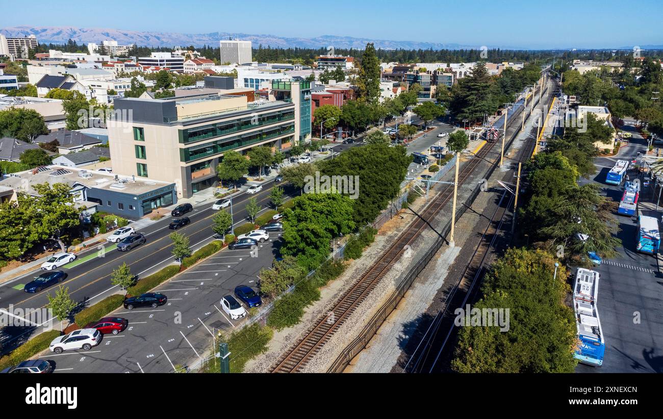 Aerial view of Palo Alto Transit Center served by Caltrain rail service ...