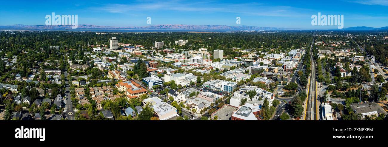 Aerial panoramic view of downtown Palo Alto green urban landscape with ...