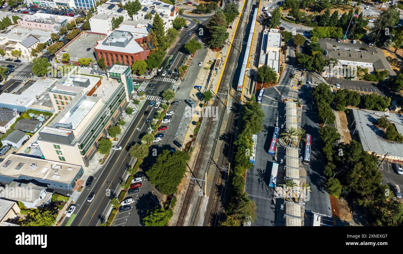 Aerial view of Palo Alto Transit Center served by Caltrain rail service ...