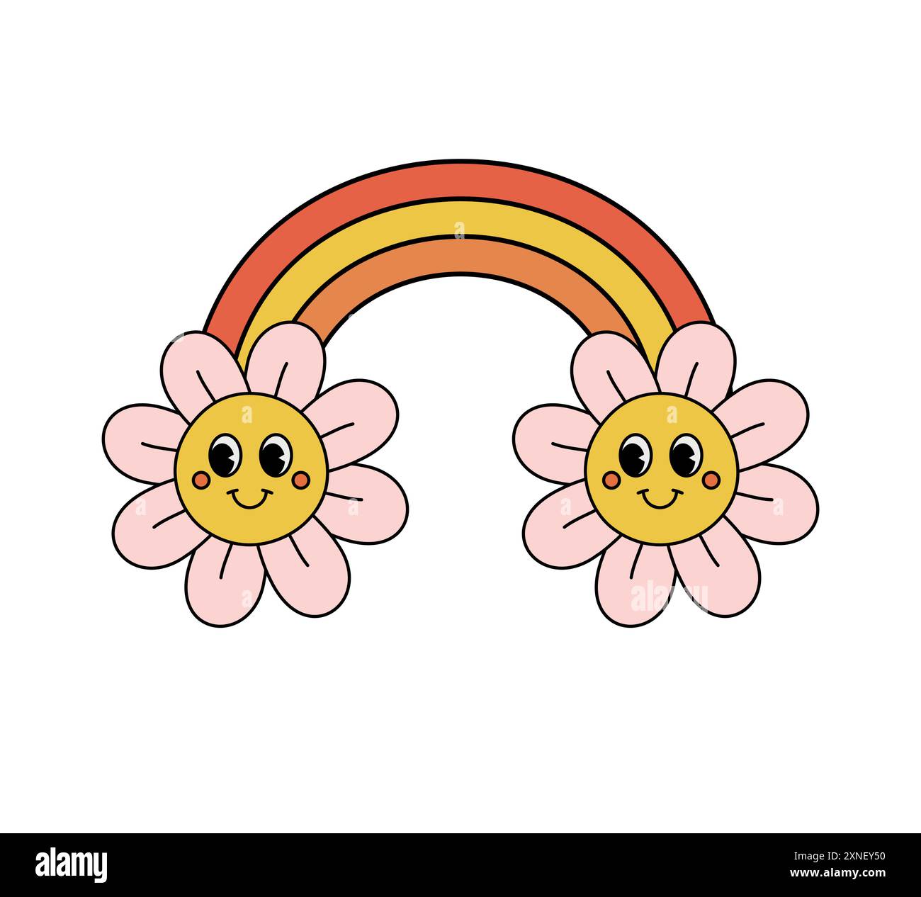 Vector groovy retro cartoon rainbow with flowers isolated on white ...