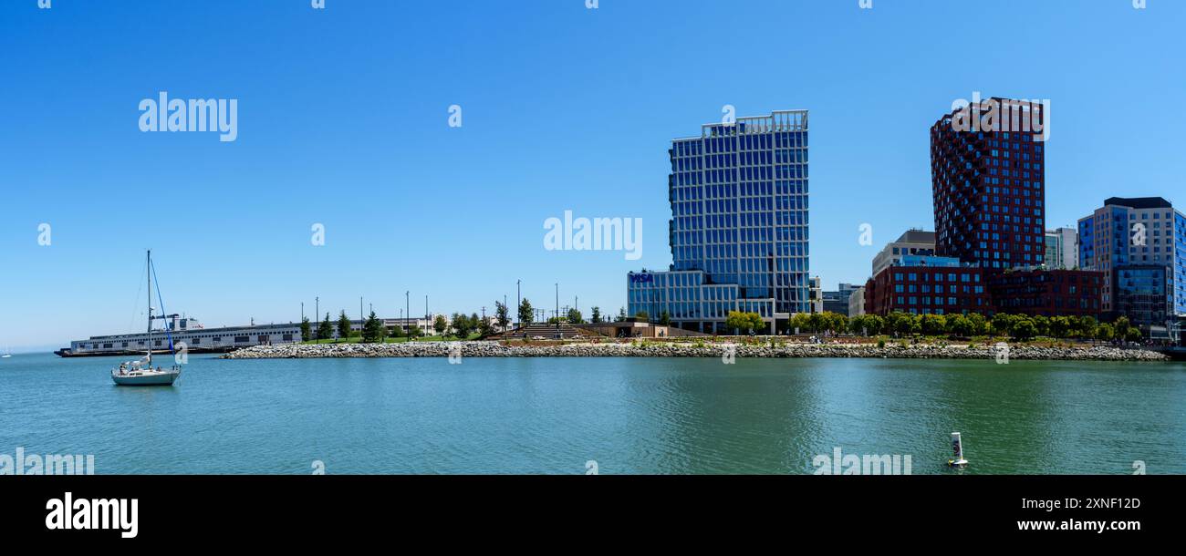 Scenic panoramic waterfront view of China Basin Park and modern office ...