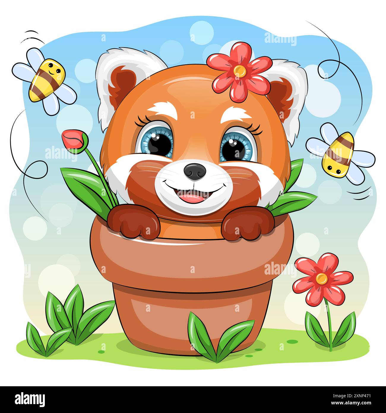 Cute cartoon red panda in a flower pot with flowers and bees. Vector ...