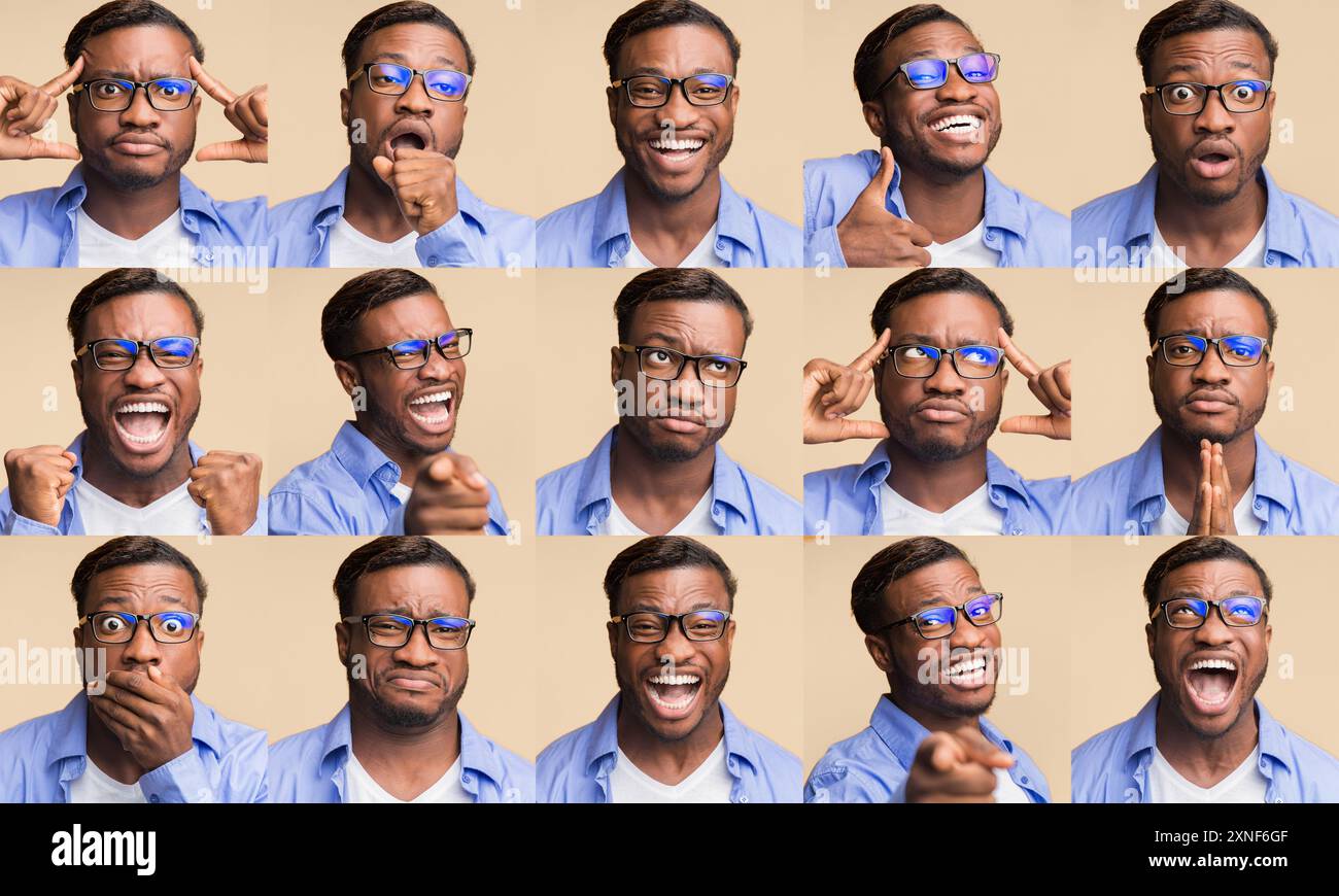 Set Of Black Man Expressions And Emotions Over Yellow Background Stock ...