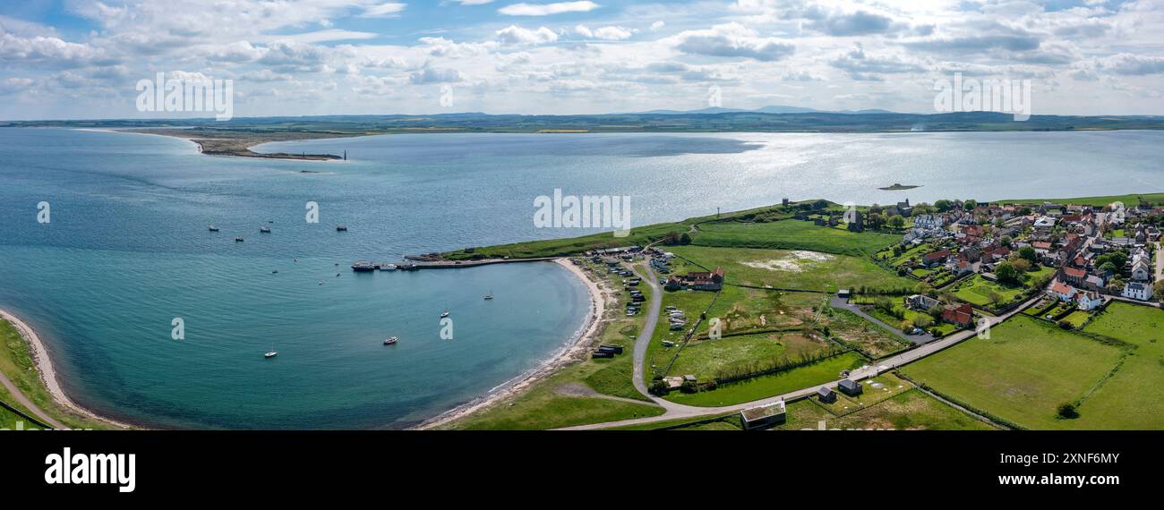 panoramic aerial view of holy island village priory and harbour ...