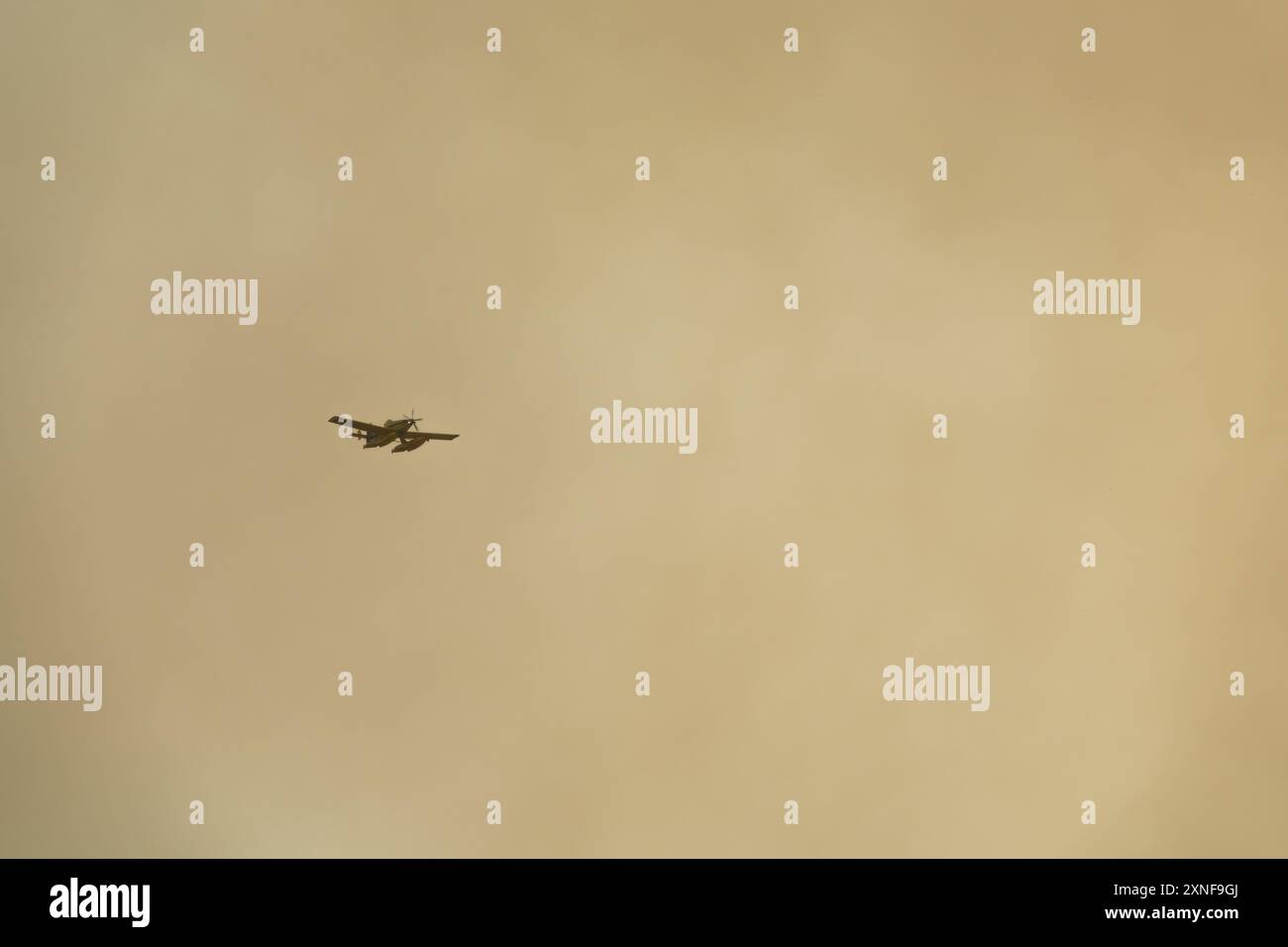 Firefighting plane flying into a large smoke cloud caused by a forest ...
