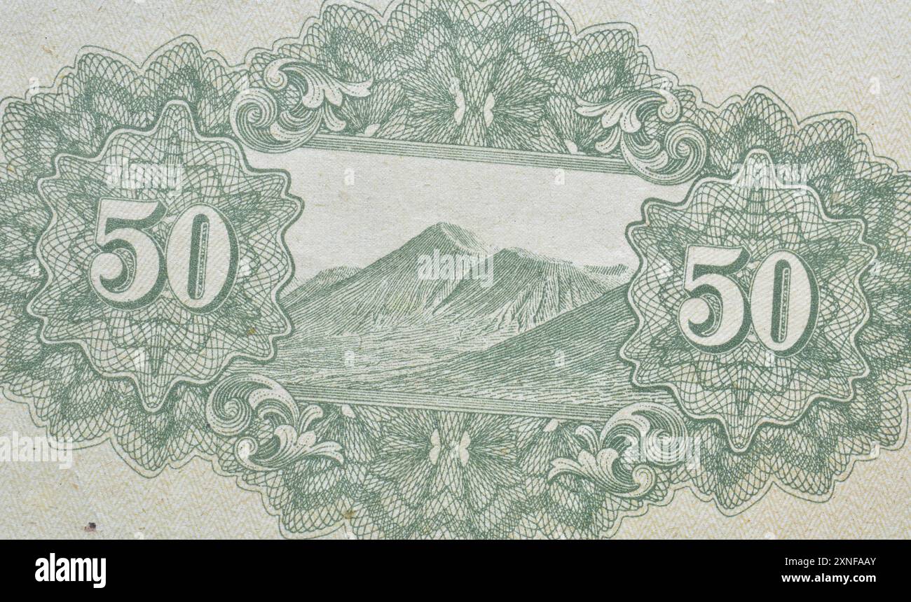 Reverse of 50 Sen - Shōwa banknote printed by Japan, that shows Mount ...