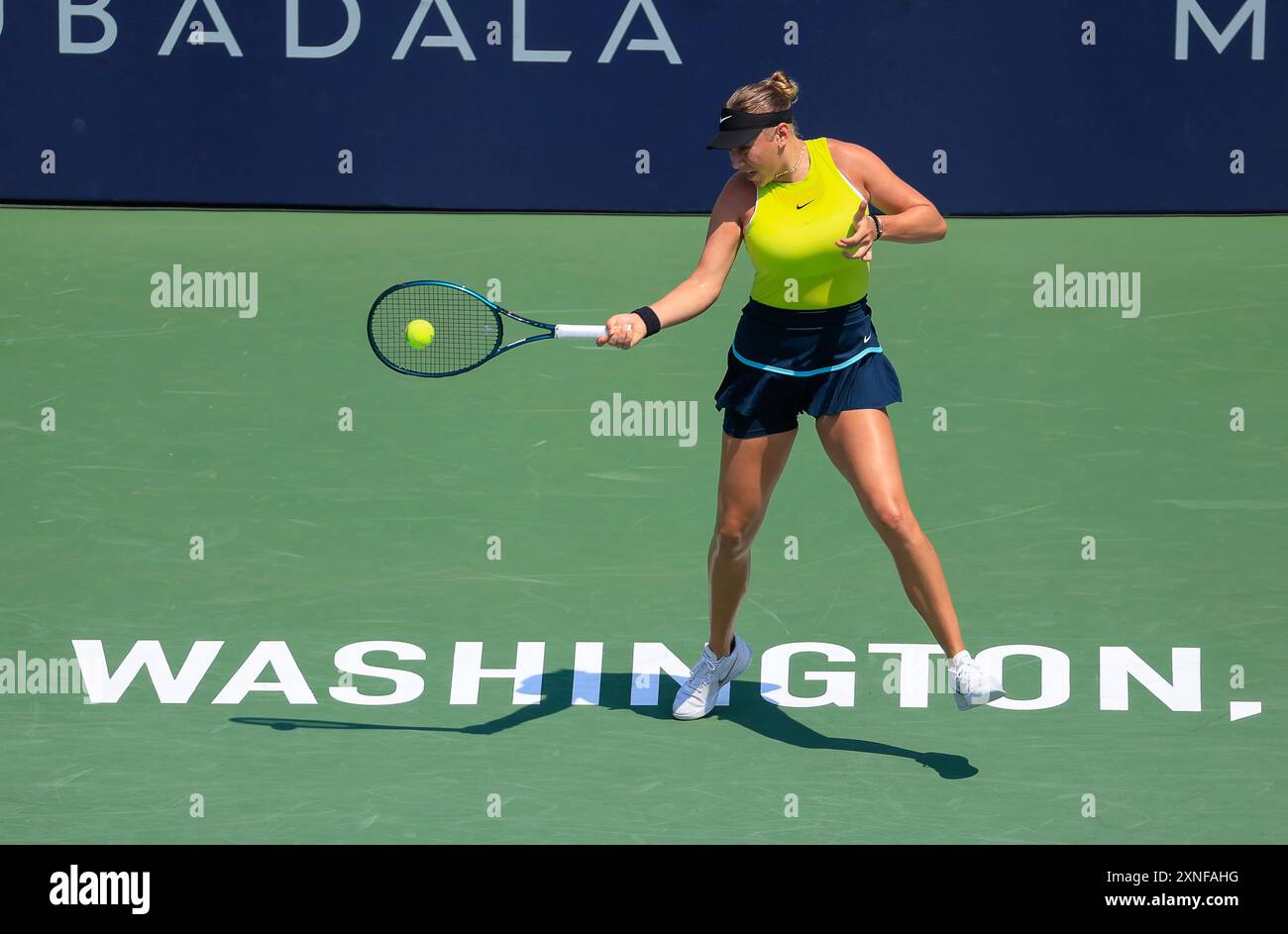 July 31, 2024: Amanda Anisimova (USA) hits a shot during the 2024 ...