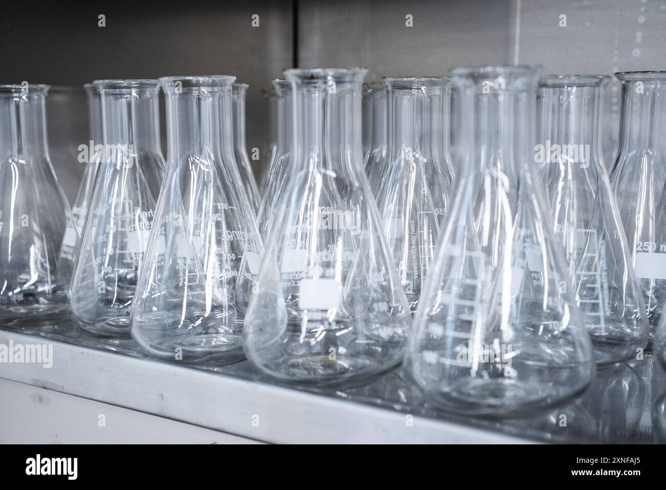Empty conical Erlenmeyer flasks on the shelf ready for chemical ...