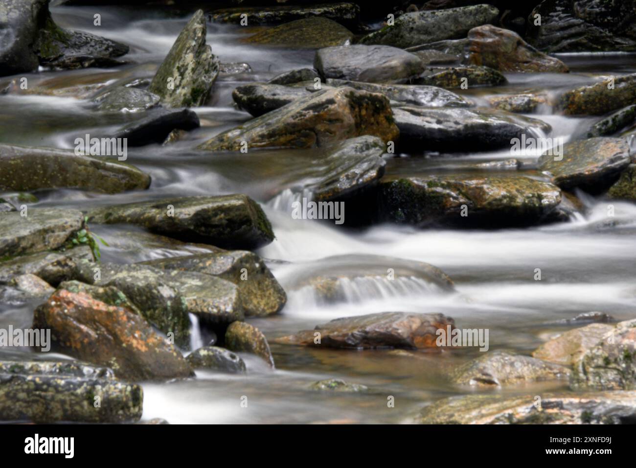 Nature background of water flowing over rocks in a mountain top stream ...