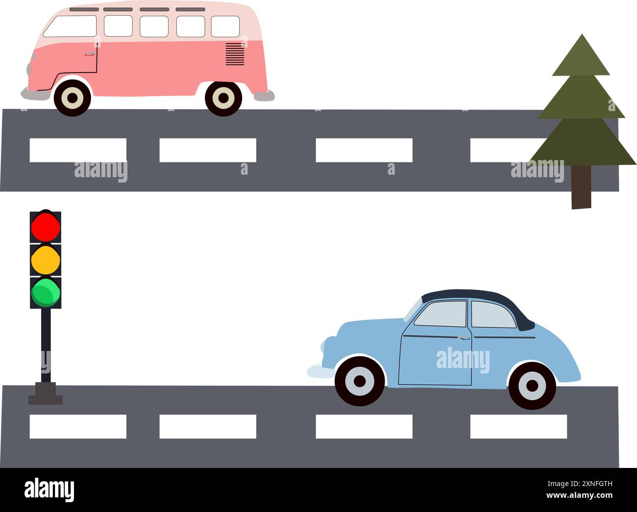 Funny cartoon cars on the road with markings, side view, traffic light ...