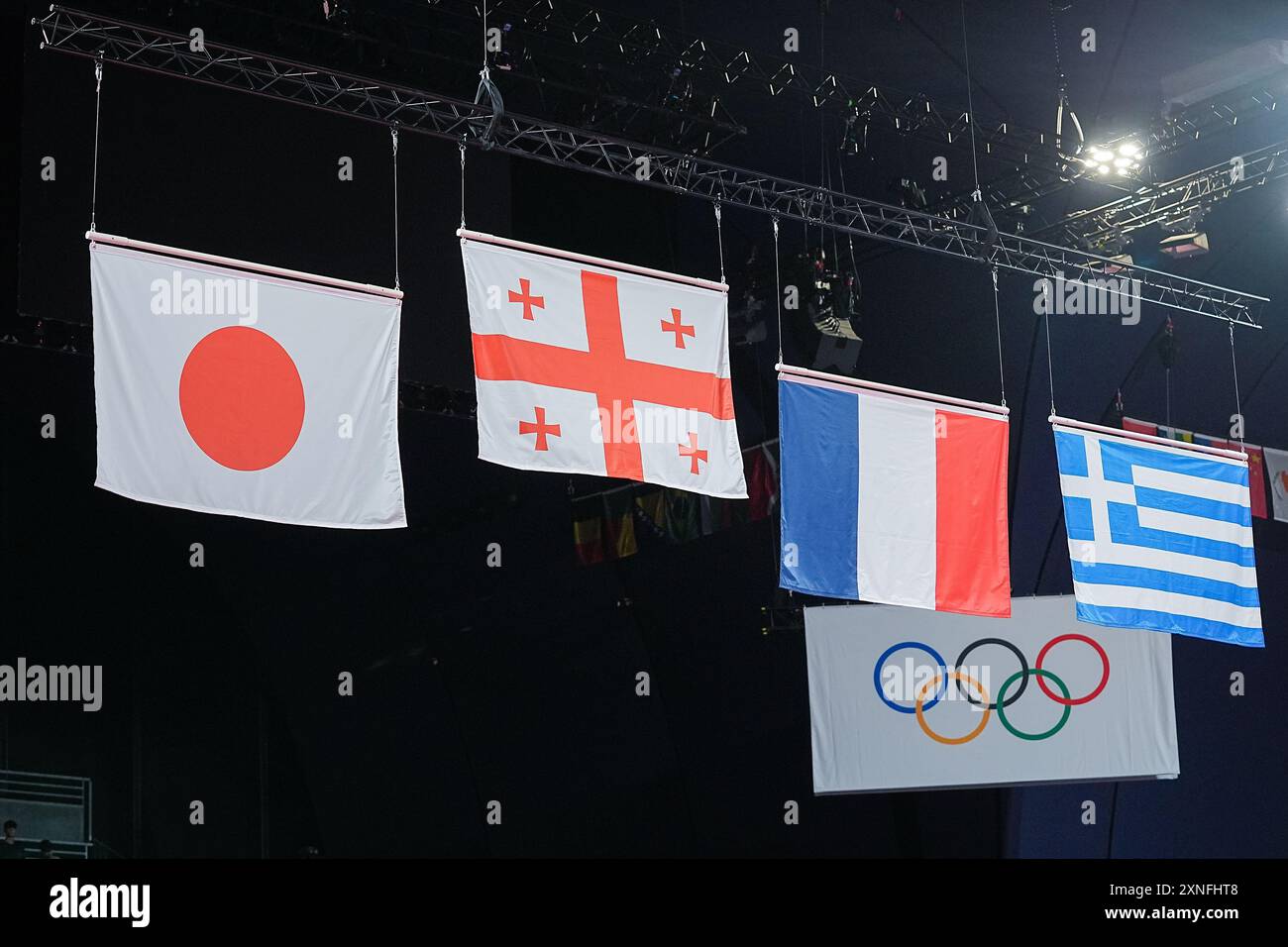 Paris, France. 31st July, 2024. PARIS, FRANCE - JULY 31: the flags of ...