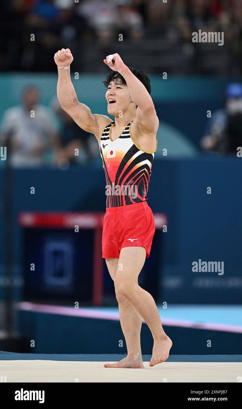 Japan's Shinnosuke Oka reacts after performing the floor during the Men's All-around Final in ...