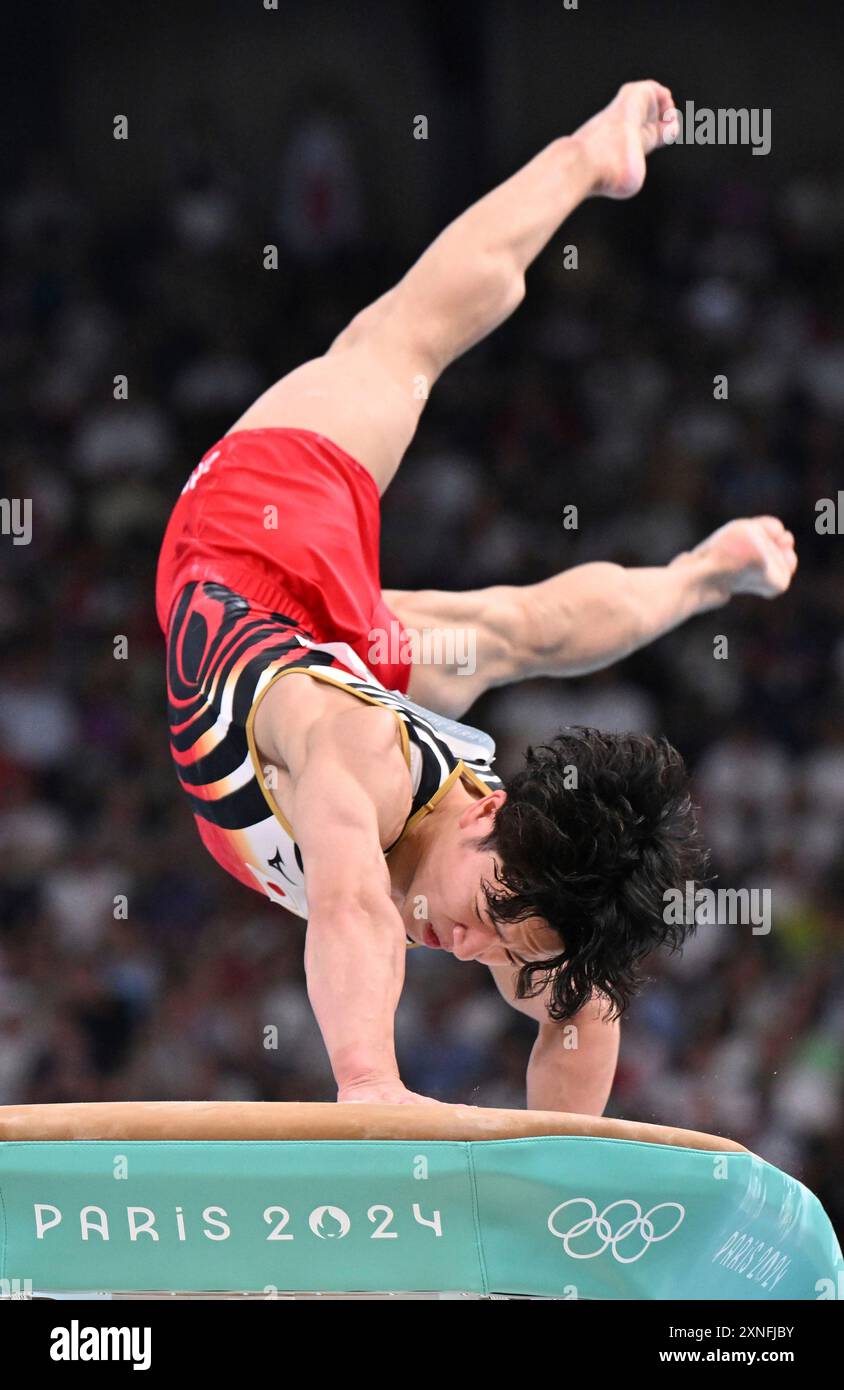 Japan's Shinnosuke Oka performs the Vault during the Men's All-around Final in the Paris ...