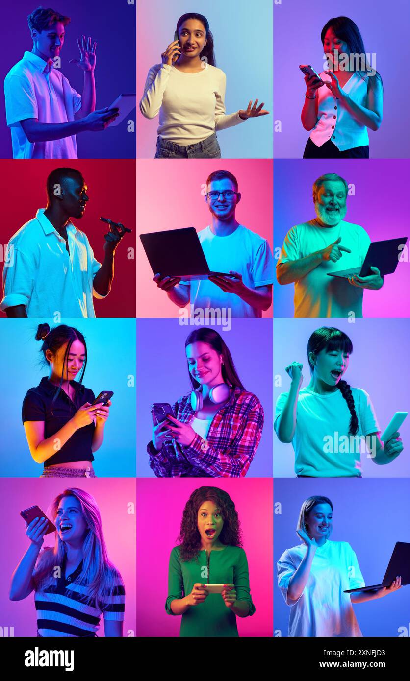 Collage made of different people, men and women using various gadgets ...
