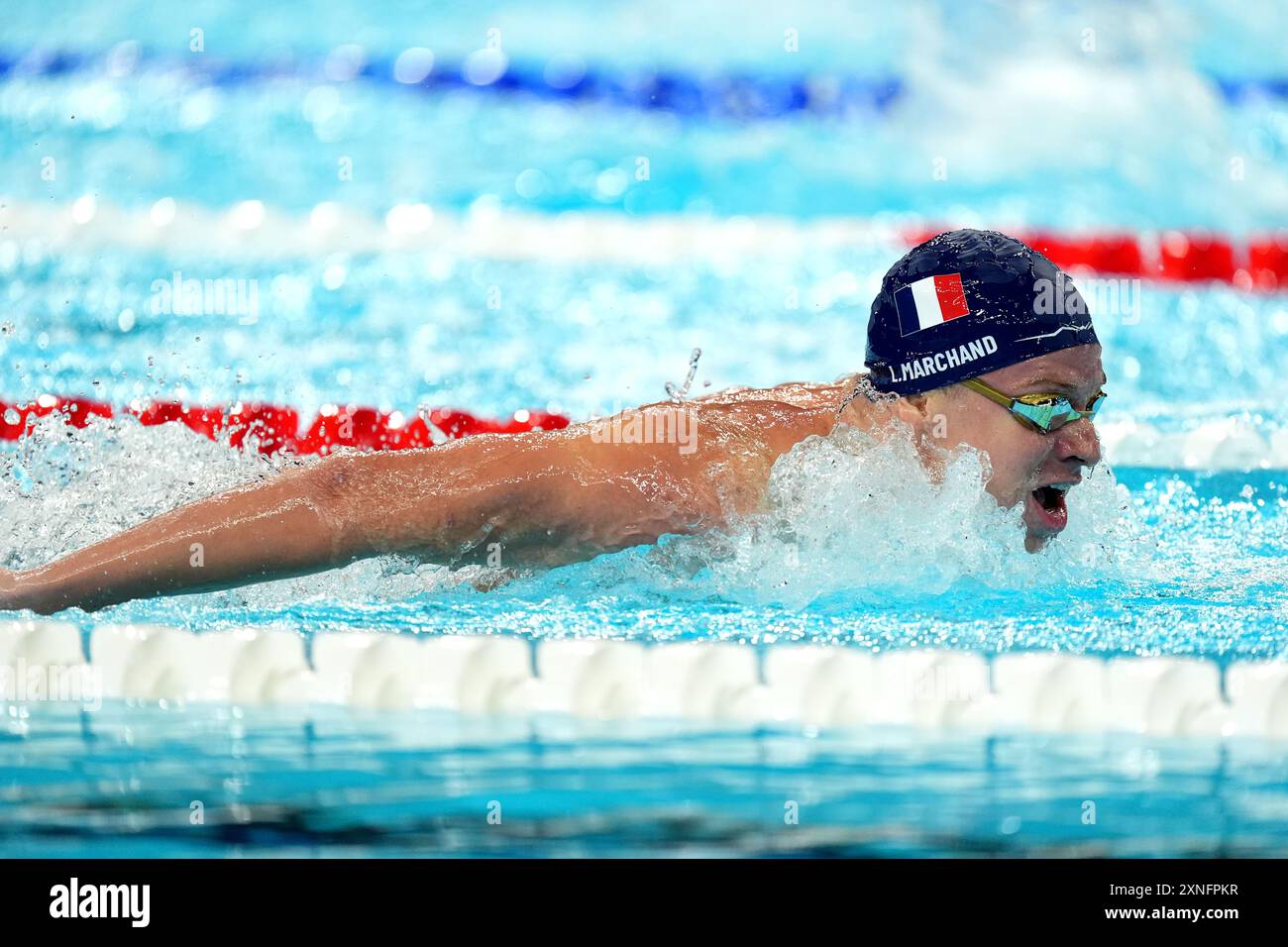 France's Leon Marchand in action during the men's 200m butterfly final ...