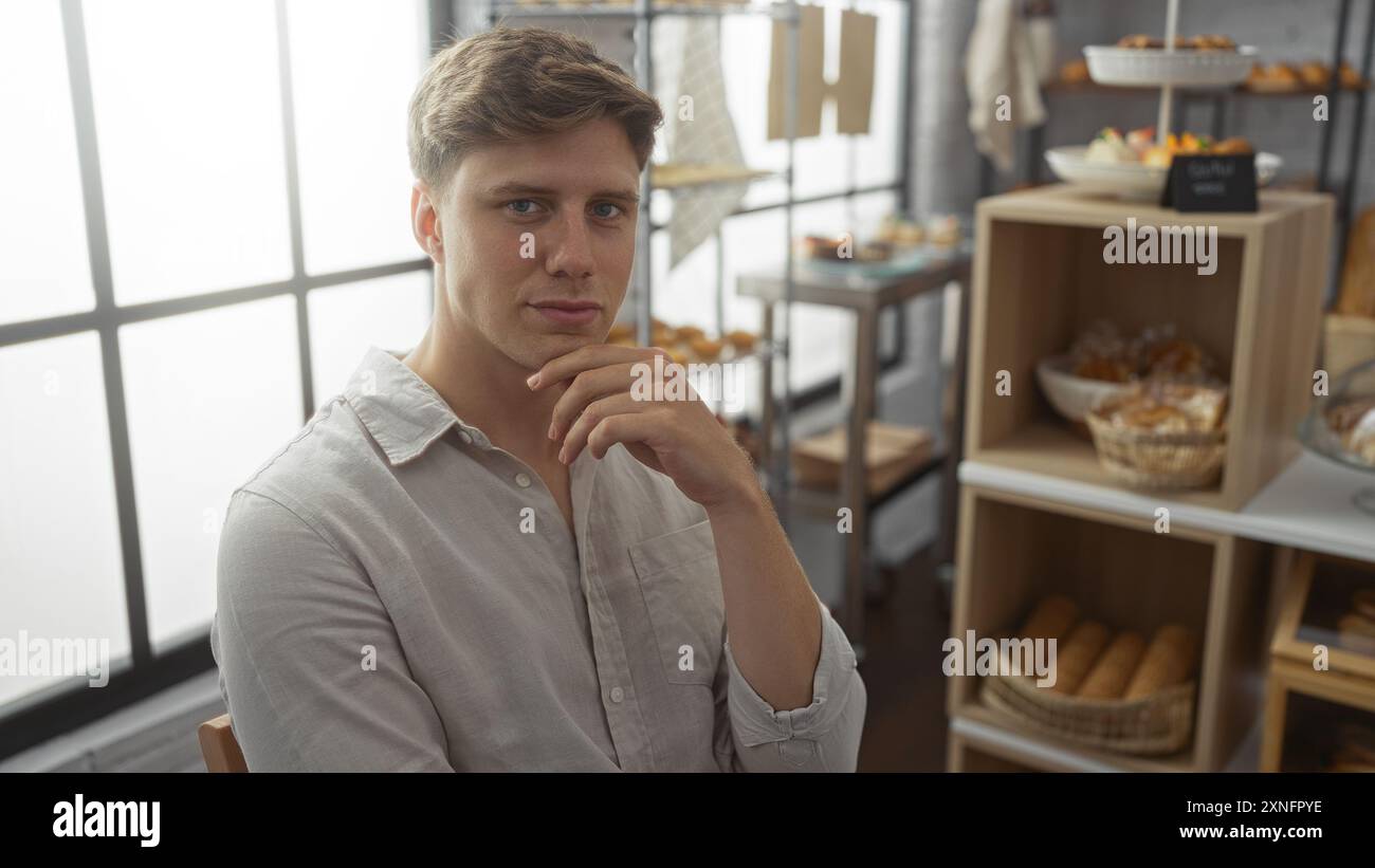Handsome young man in a bakery shop interior with shelves of bread and ...