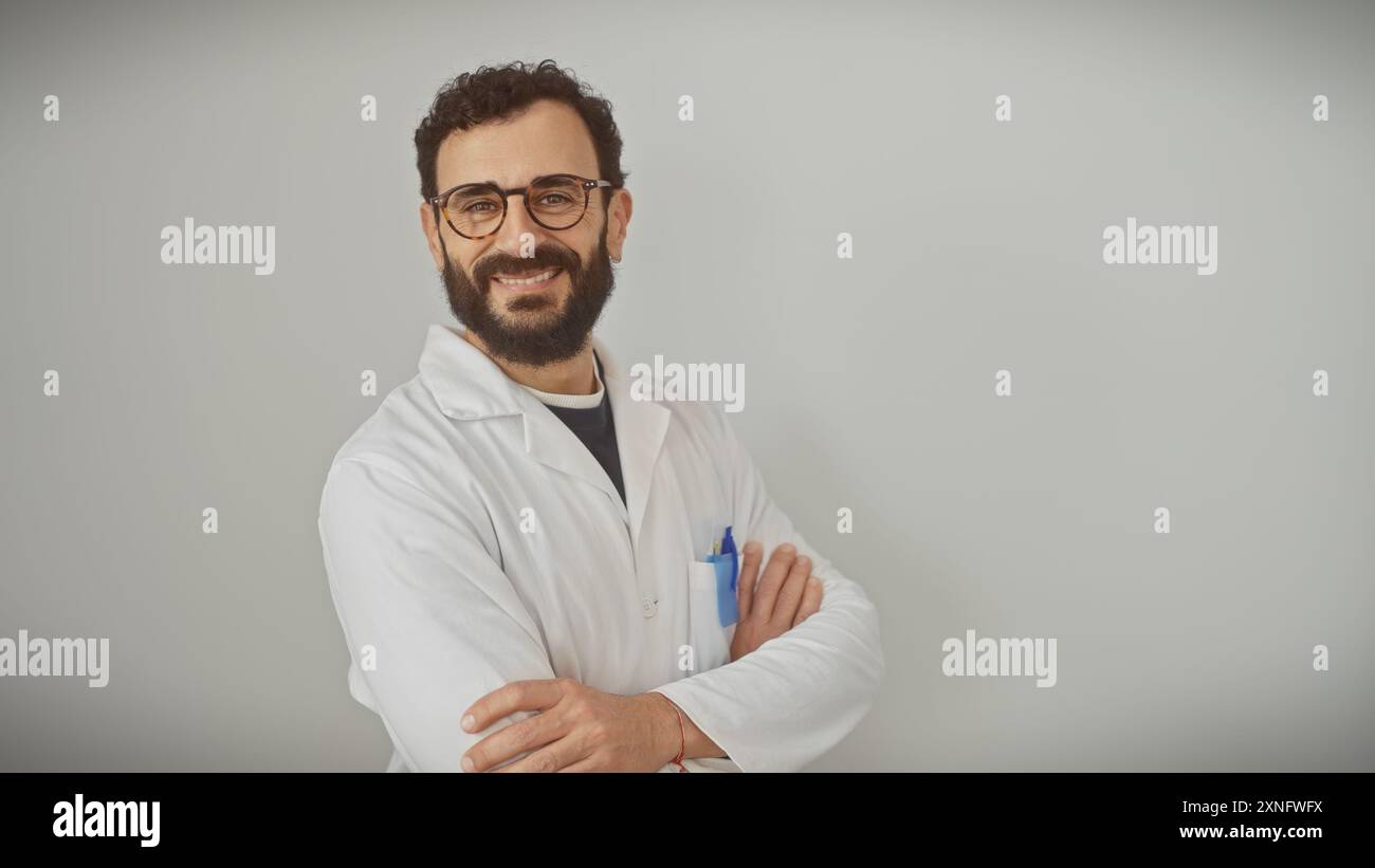 Confident middle-aged male doctor smiling with arms crossed on white ...