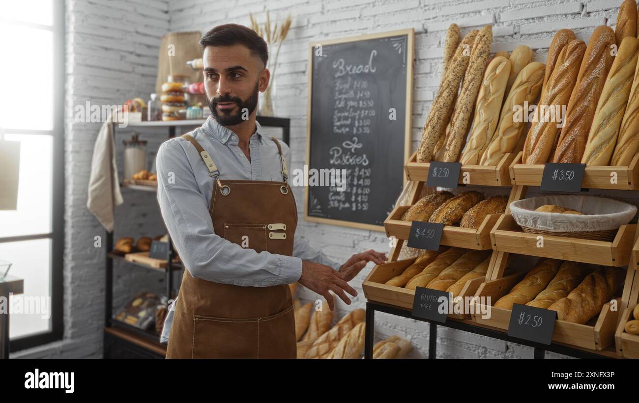 Handsome young man with a beard wearing an apron in a cozy bakery shop ...