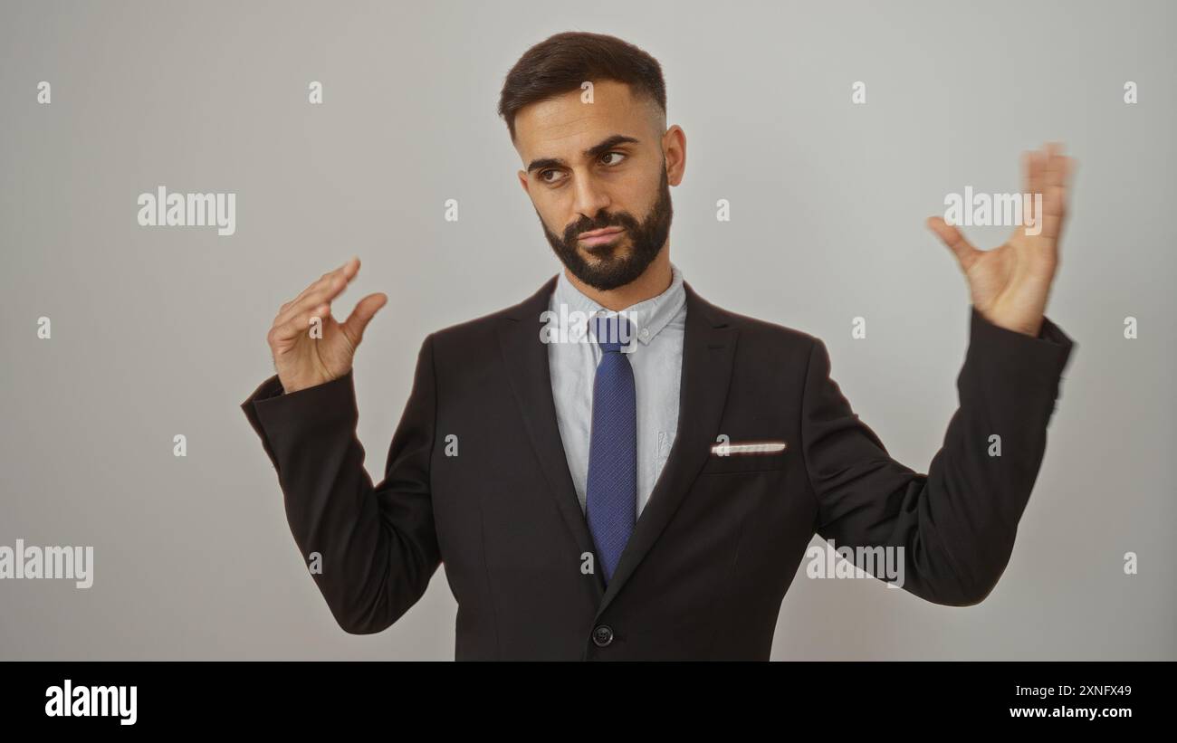 Handsome man in a suit performing a presentation with expressive ...