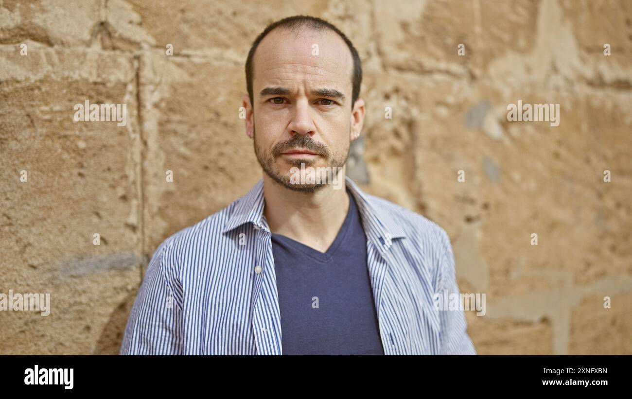 A serious hispanic bearded bald man in casual wear standing against an ...