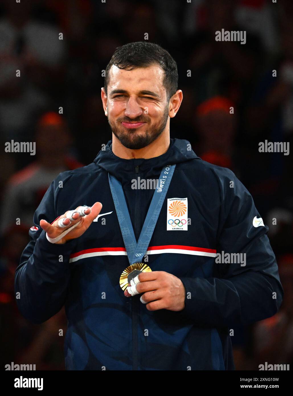 Paris, France. 31st July, 2024. Gold medalist Lasha Bekauri of Georgia ...