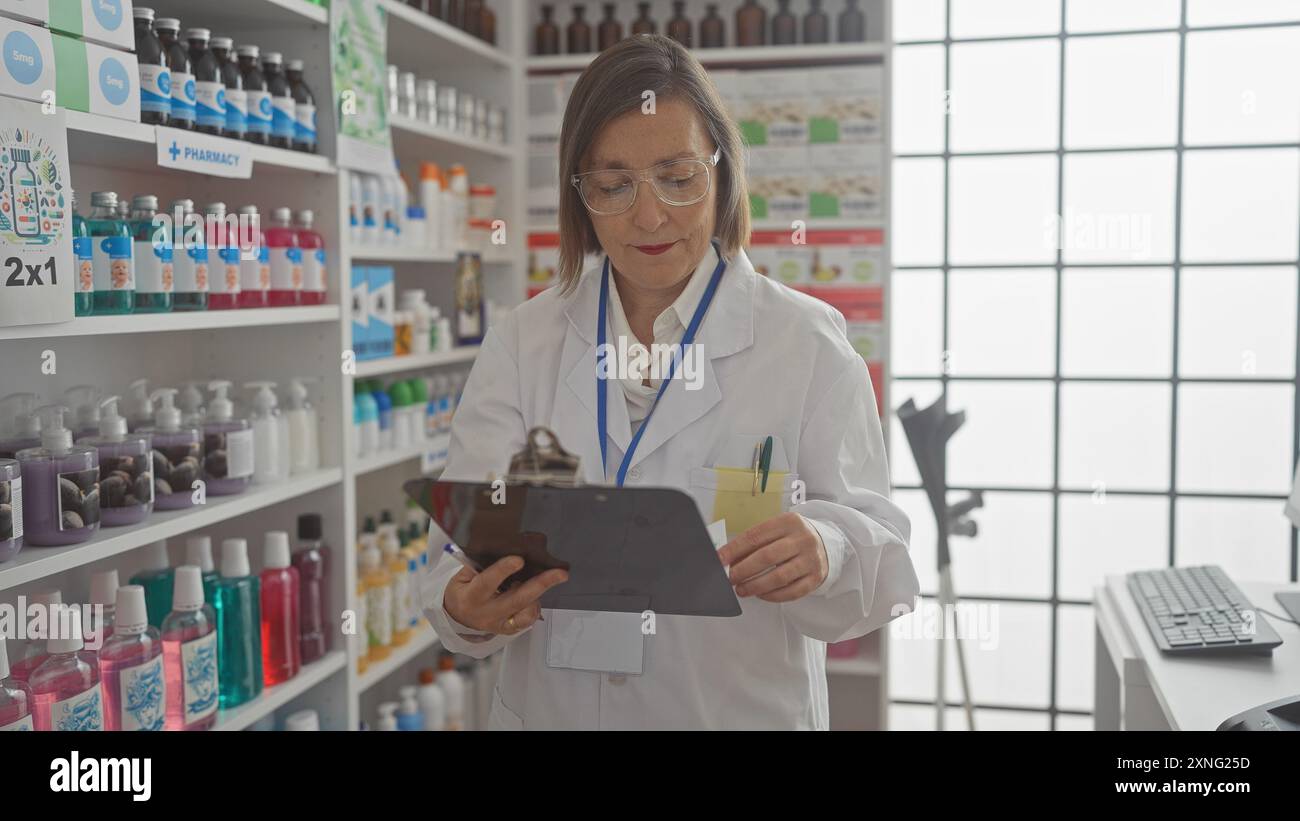 A middle-aged woman pharmacist reviews a clipboard inside a well-lit ...