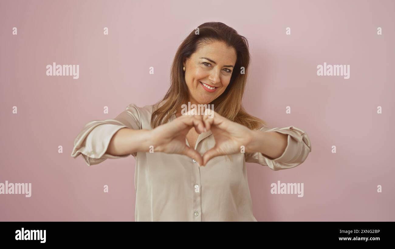 A smiling woman forms a heart shape with her hands against a pink ...