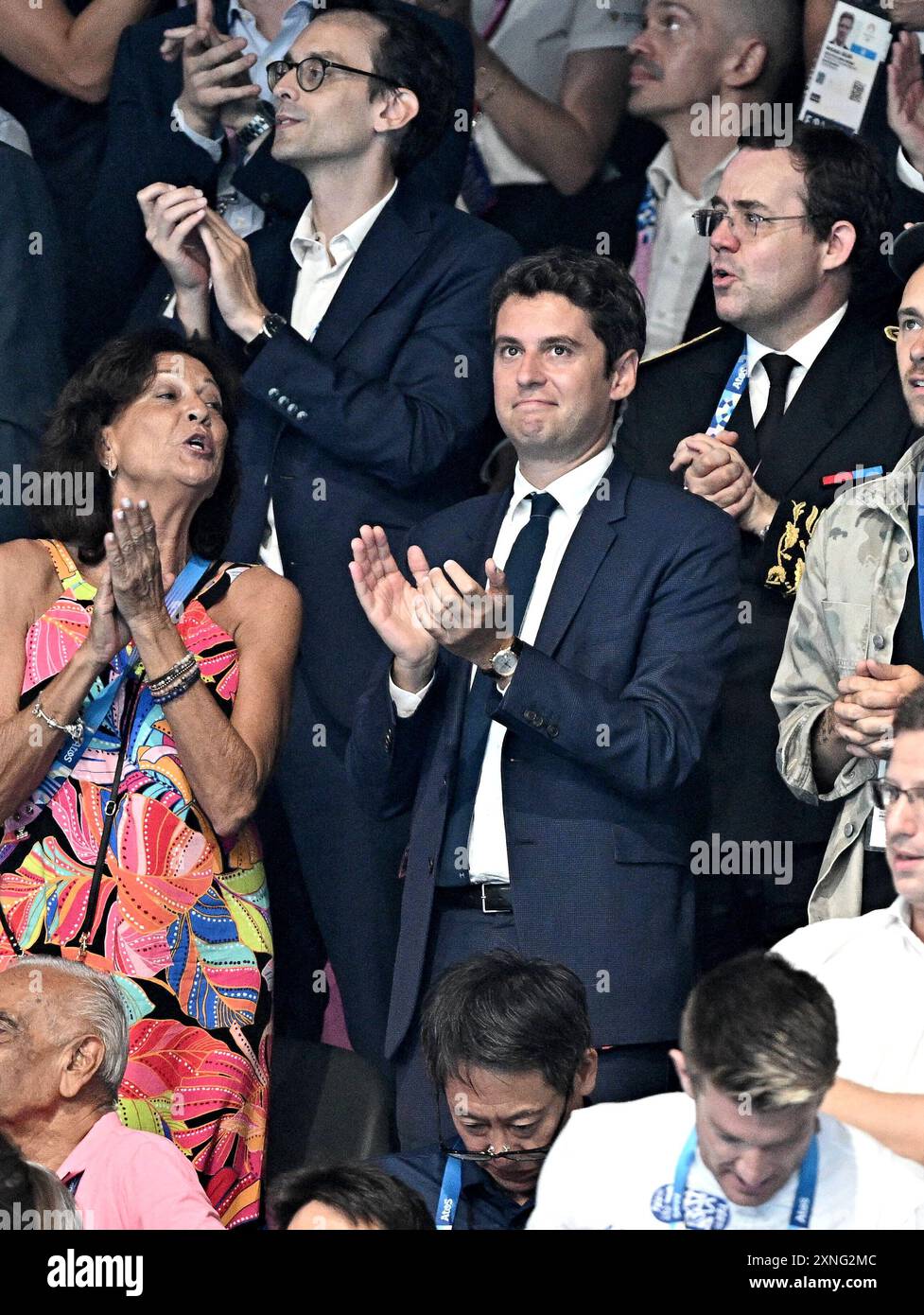 French Prime Minister Gabriel Attal at the swimming event during the ...