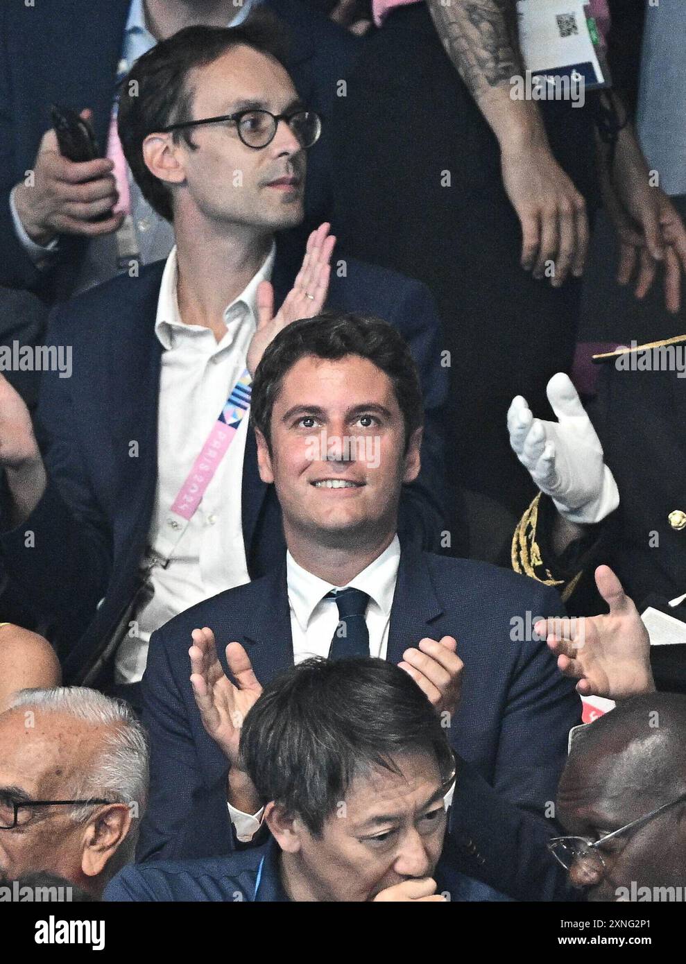 French Prime Minister Gabriel Attal at the swimming event during the ...