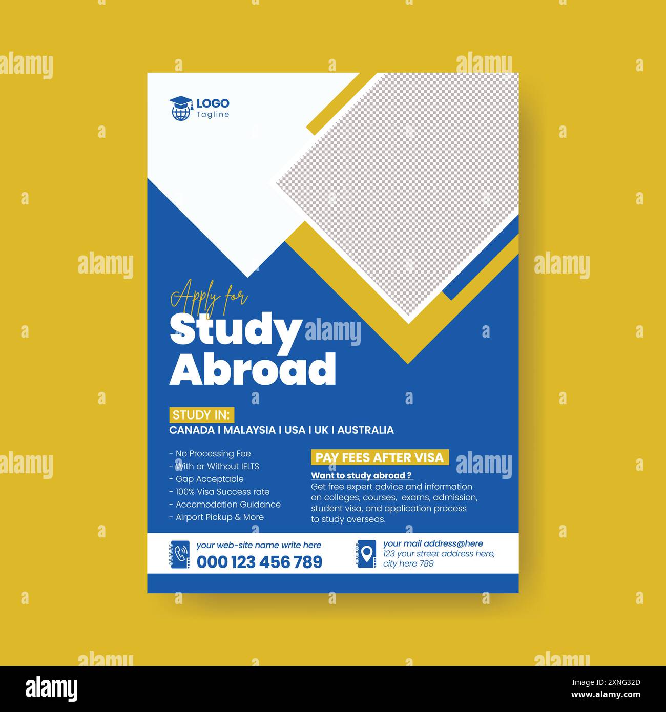 Study abroad flyer or student visa application poster, education or ...