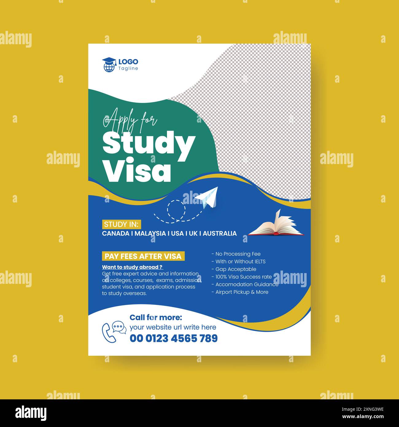 Study abroad flyer or student visa application poster, education or ...