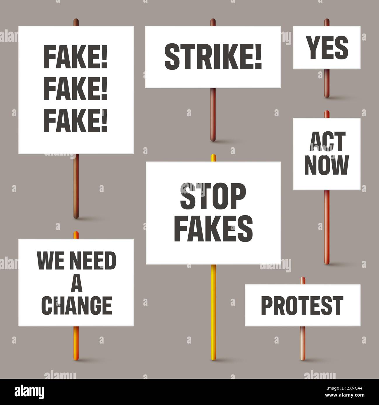 Blank white protest signs with text slogans on wooden holder. Various ...