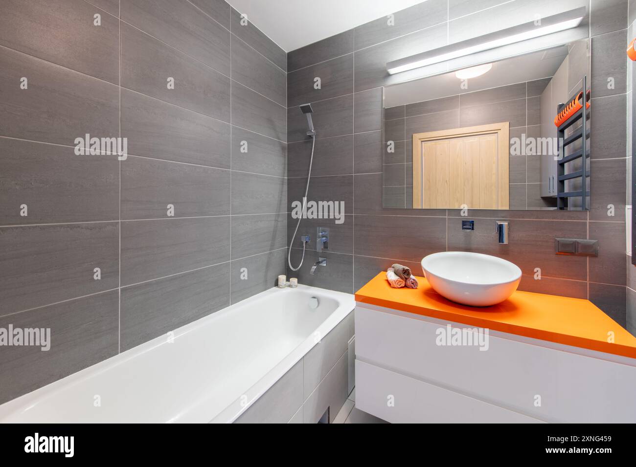 Colorful Bathroom Interior. Bath and Sink. Cabinet drawers, Mirror ...