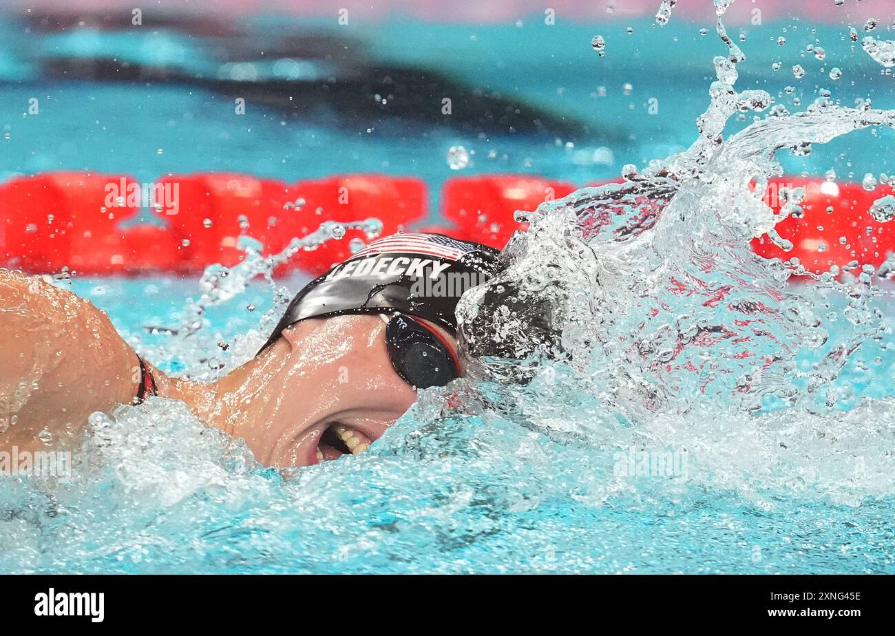 Paris, France. 31st July, 2024. Katie Ledecky of the U.S. competes in ...