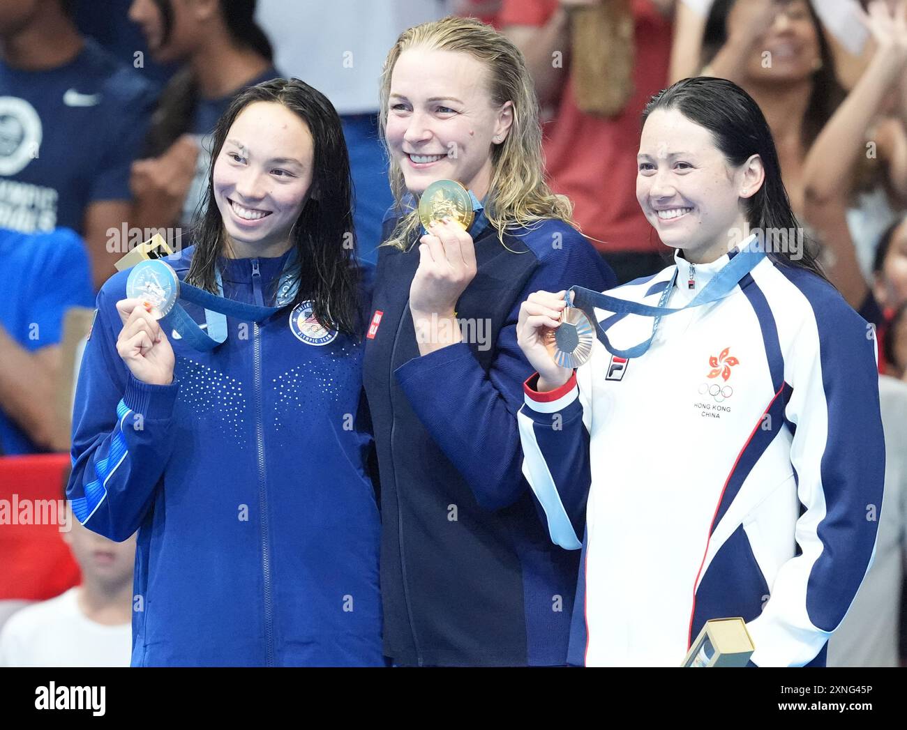Paris, France. 31st July, 2024. Womens 100m Freestyle Finals gold medalist Sarah Sjoestroem of ...