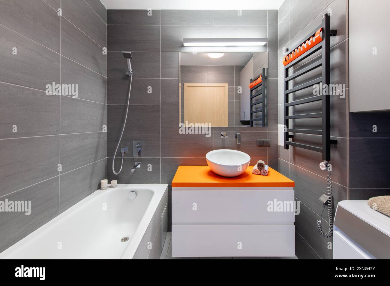 Colorful Bathroom Interior. Bath and Sink. Cabinet drawers, Mirror ...