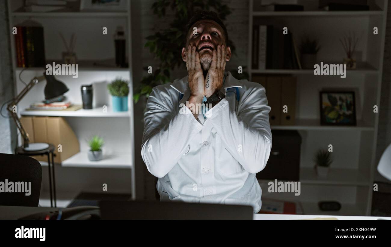 Stressed hispanic man in a white lab coat feeling exhausted at a ...