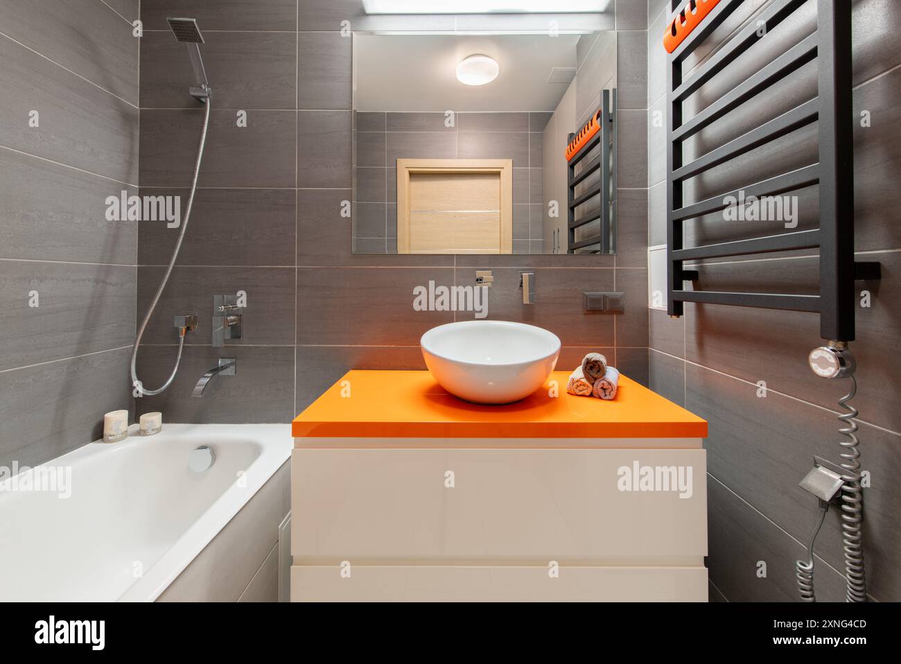 Colorful Bathroom Interior. Bath and Sink. Cabinet drawers, Mirror ...
