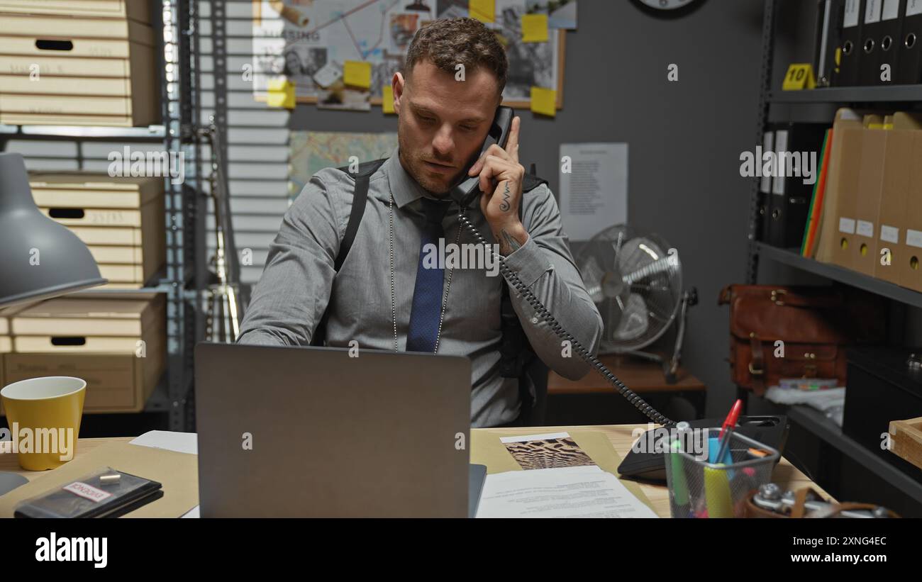 Hispanic man with beard talking on phone in a detective’s cluttered ...