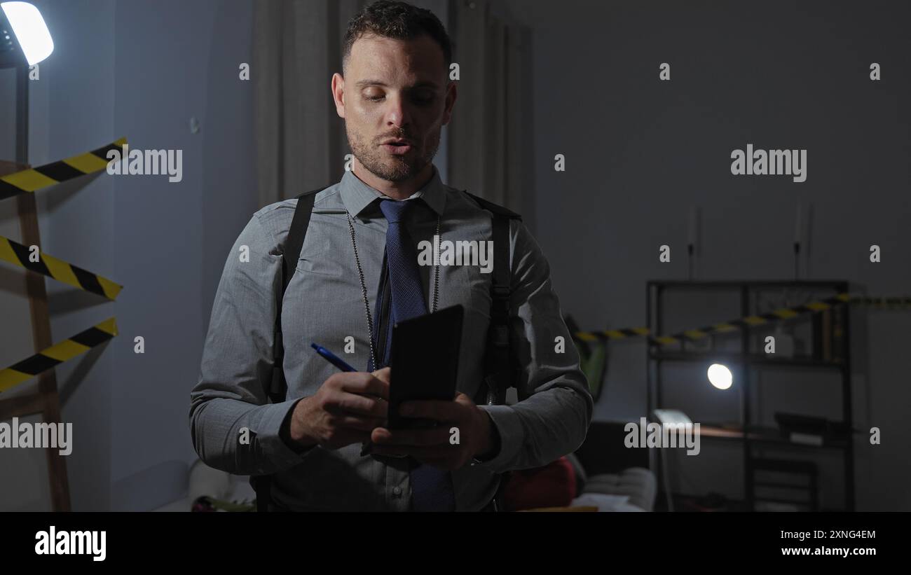 Handsome hispanic detective man taking notes at a dimly lit indoor ...
