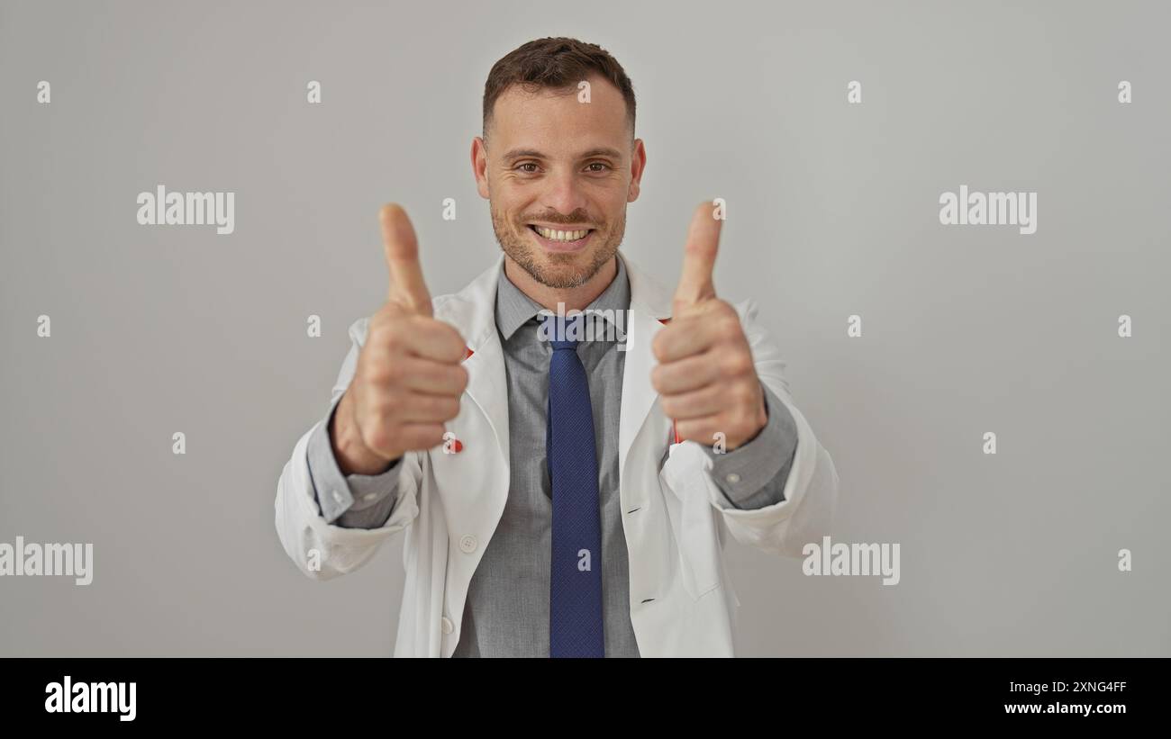 A cheerful, young hispanic man in a lab coat giving thumbs up, isolated ...
