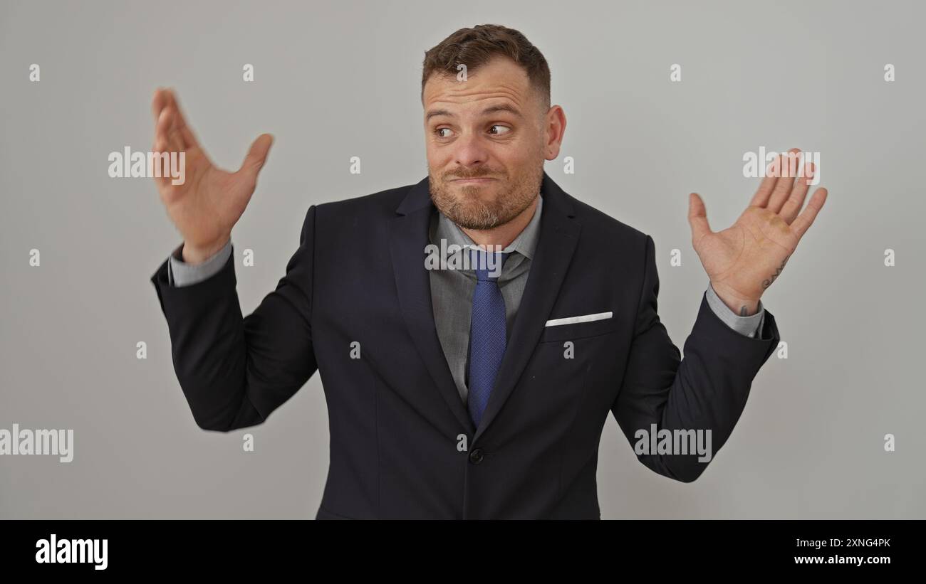 Confused businessman shrugging in suit isolated on white background ...