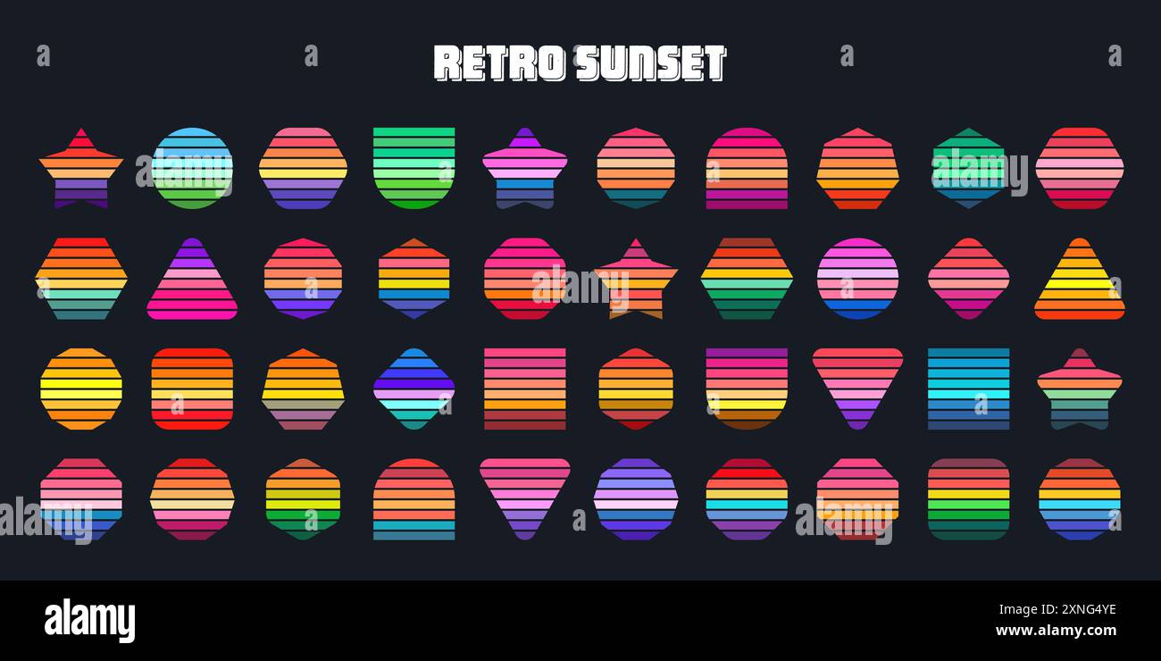 Vintage sunset collection. Various colorful striped sunrise badges in ...