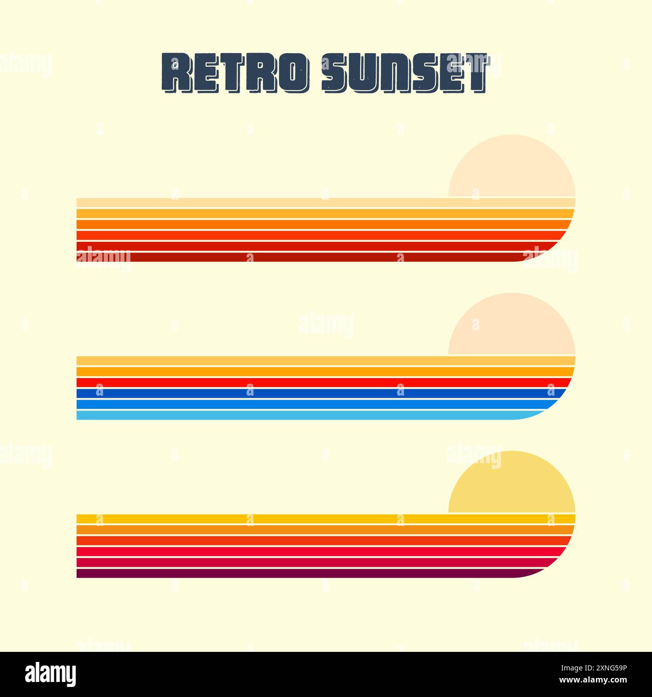 Horizontal vintage sunsets. Various colorful striped sunrise badges in ...