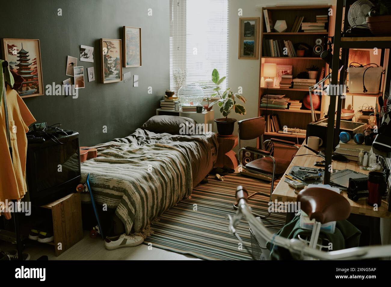 Male dorm room made in pastel colors and decorated with posters fully ...
