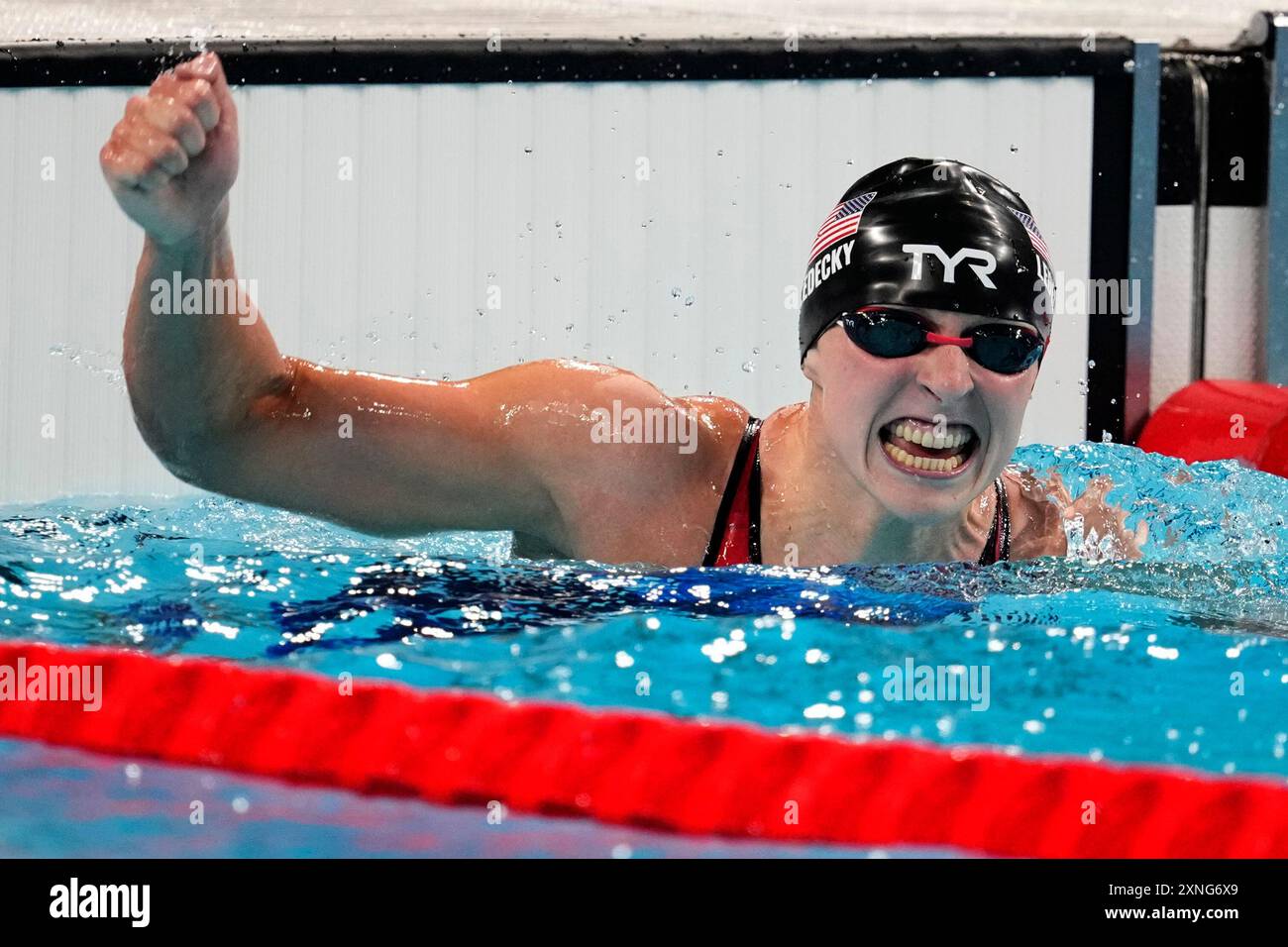 Katie Ledecky, of the United States, celebrates after winning the women ...