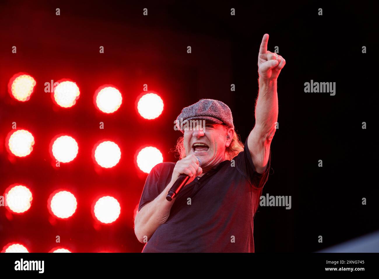 Singer Brian Johnson of the Australian rock band AC/DC sings during a ...