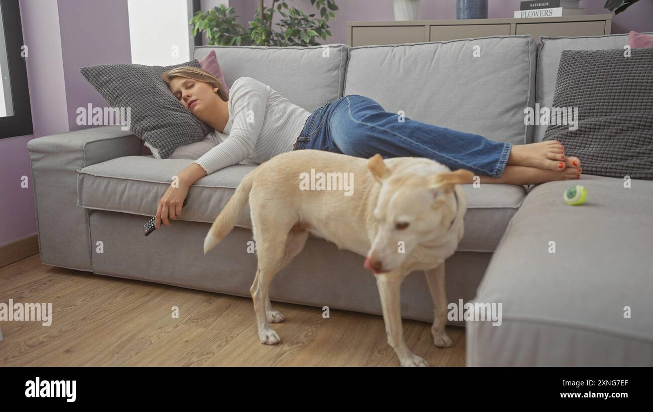 A young woman relaxes on a couch with a dog walking by in a cozy ...