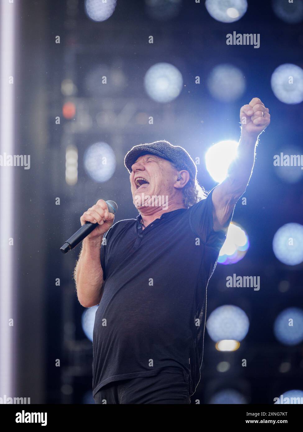 Singer Brian Johnson of the Australian rock band AC/DC sings during a ...