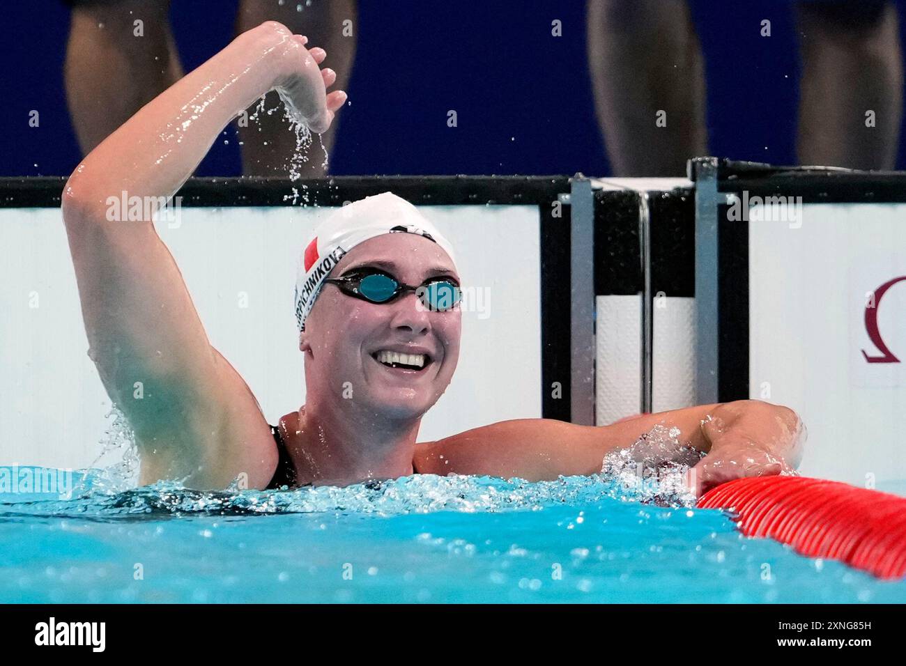 Anastasiia Kirpichnikova, of France, reacts after her women's 1500-meter freestyle final at the ...